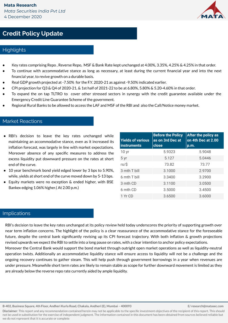 Credit Policy Update - Mata Securities